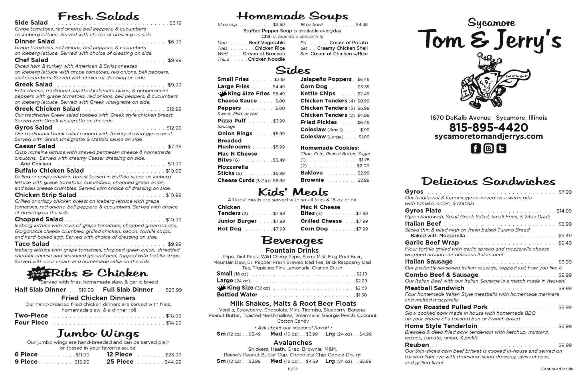 Menu | Sycamore Tom and Jerrys